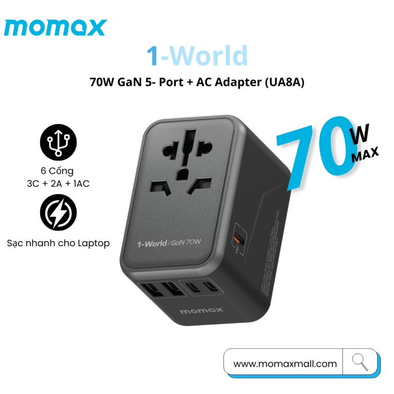 Củ sạc du lịch Momax UA8A 1-World 70W GaN 6 cổng + Bộ chuyển đổi du ...