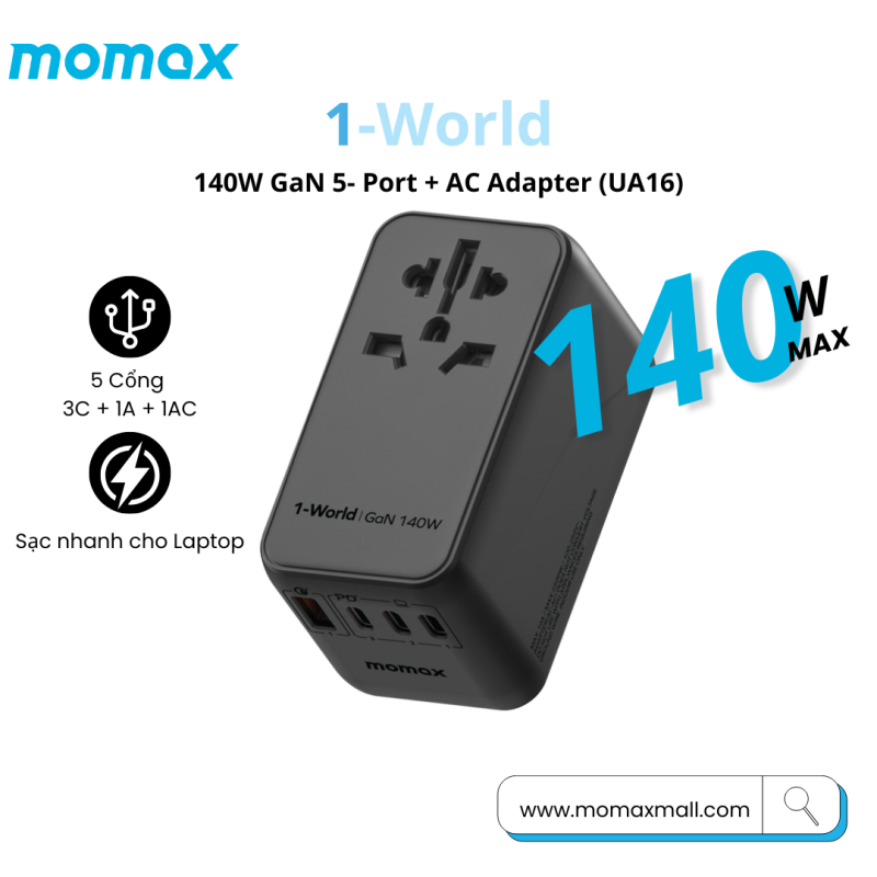 Củ sạc du lịch Momax 1-World Universal 4-Port Travel GaN UA16 (140W 3C ...